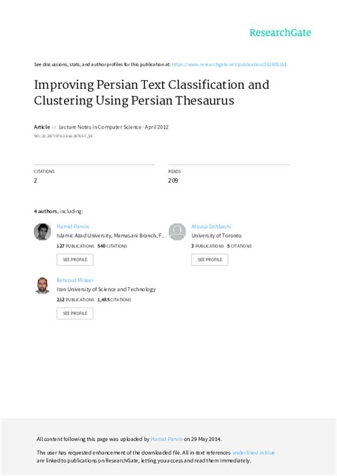 Pdf Improving Persian Text Classification And Clustering Using Persian Thesaurus