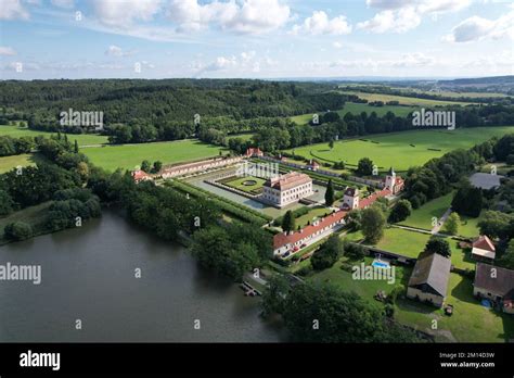 An Aerial View Of Hluboka Castle In The State Chateau Of Hlubok Czech With Green Meadows Stock