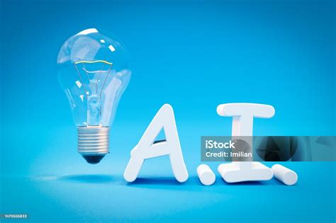 무한한 파란색 배경 위에 공중에 떠 있는 필라멘트 와이어가 있는 단일 유리 전구 흰색 글자 인공 지능 3d 그림 0명에 대한