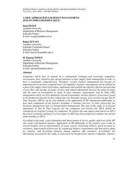 Pdf A New Approach In Logistics Management Just In Time Logistics