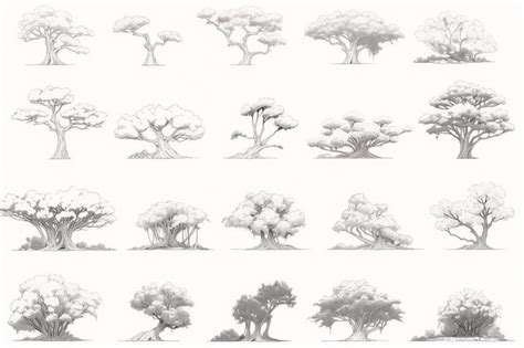 Premium AI Image Collection Minimal Style Tree Line Drawing Side View Set Of Graphics Trees