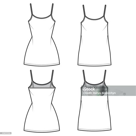 캐미솔 드레스 테크니컬 패션 일러스트와 스쿱 넥 스트랩 미니 길이 오버사이즈 핏 바디 펜슬 풀 0명에 대한 스톡 벡터 아트 및