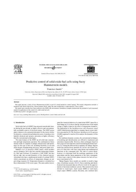 Pdf Predictive Control Of Solid Oxide Fuel Cells Using Fuzzy Hammerstein Models