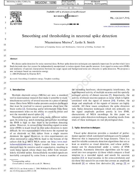 Pdf Smoothing And Thresholding In Neuronal Spike Detection