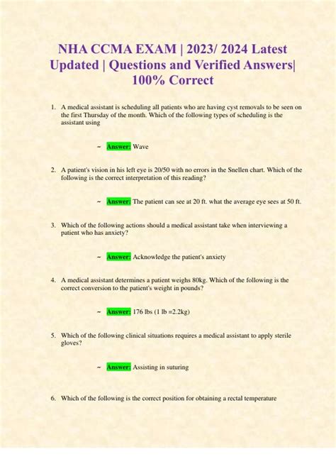 Nha Ccma Exam 2023 2024 Latest Updated Questions And Verified Answers 100 Correct Nha
