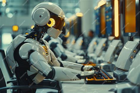 Robot Working At Computer Among People Maschine Typing On Keyboard In Office Premium Ai