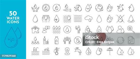급수선 아이콘이 설정되었습니다 물방울 비 파도 물방울 수도꼭지 우산 이슬 식수 병 청결 아쿠아 등 흰색 배경에 고립되어 있습니다 벡터 스톡 일러스트 물병에 대한 스톡 벡터