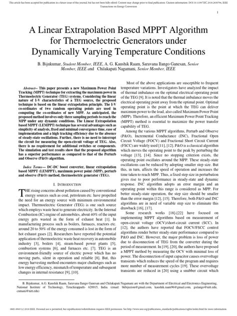A Linear Extrapolation Based Mppt Algorithm For Thermoelectric Generators Under Dynamically