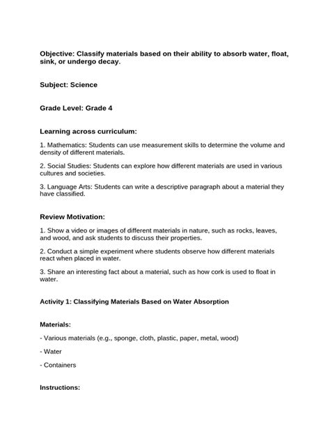 classify materials based on their ability to absorb water float sink