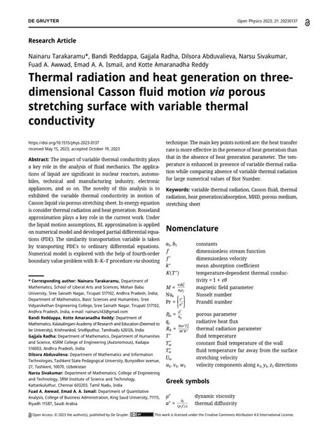 Pdf Thermal Radiation And Heat Generation On Three Dimensional Casson Fluid Motion Via Porous