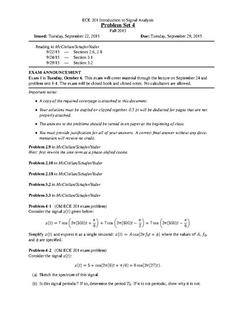 Problem Set 04 2015 Ece 201 Introduction To Signal Analysis Problem Set 4 Fall 2015 Issued