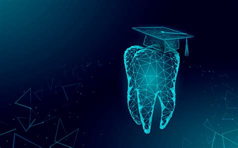 전자 학습 거리 의학 치과 대학원 인증서 프로그램 개념입니다 낮은 폴 리 3d는 치아 배너 템플릿에 졸업 모자를 렌더링 합니다