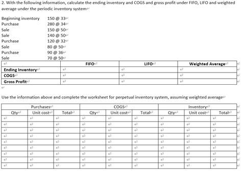 SOLVED 2 With The Following Information Calculate The Ending Inventory And COGS And Gross