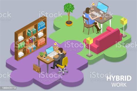 하이브리드 팀의 3d 이소메트릭 플랫 벡터 개념 적 일러스트레이션 하이브리드 직장에 대한 스톡 벡터 아트 및 기타 이미지 하이브리드 직장 일함 집 내부 Istock