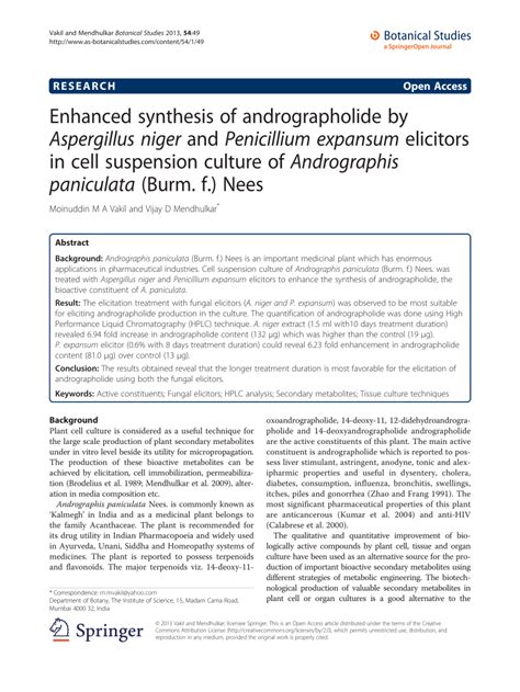 Pdf Enhanced Synthesis Of Andrographolide By Aspergillus Niger And Penicillium Expansum