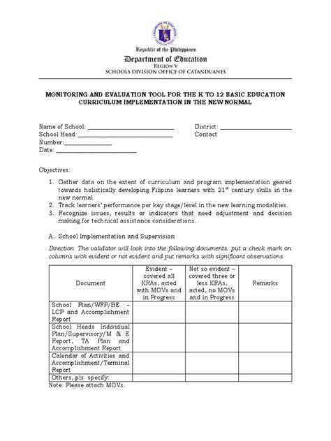 Mt Monitoring Evaluation Tool For The K To 12 Bec Implementation In The New Normal Pdf