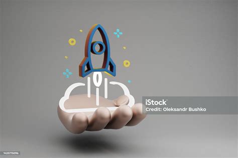 아름다운 추상적 인 삽화 골든 핸드 홀딩 로켓 발사와 회색 배경에 구름 기호 아이콘 3d 렌더링 그림 우주 탐사 3차원 형태에 대한 스톡 사진 및 기타 이미지 Istock