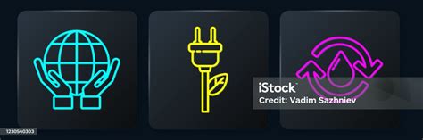 세트 라인 손 지구 지구를 들고 깨끗한 아쿠아와 잎에 전기 절약 플러그를 재활용 검은 정사각형 버튼 벡터 개념에 대한 스톡 벡터 아트 및 기타 이미지 Istock