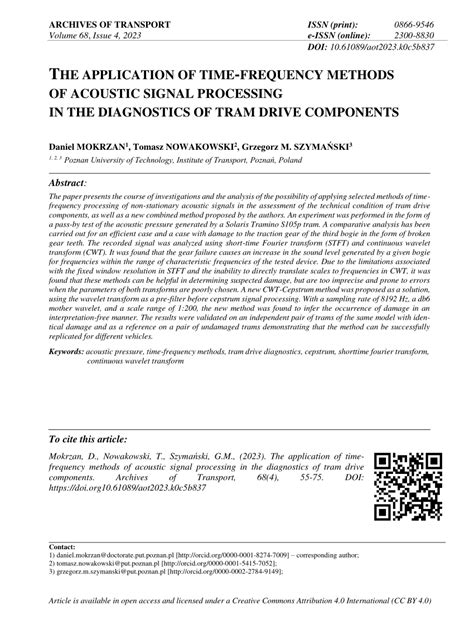 Pdf The Application Of Time Frequency Methods Of Acoustic Signal Processing In The Diagnostics