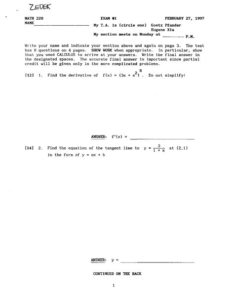 8 Problems With Answers On Elementary Calculus I Exam 1 Math 220 Docsity