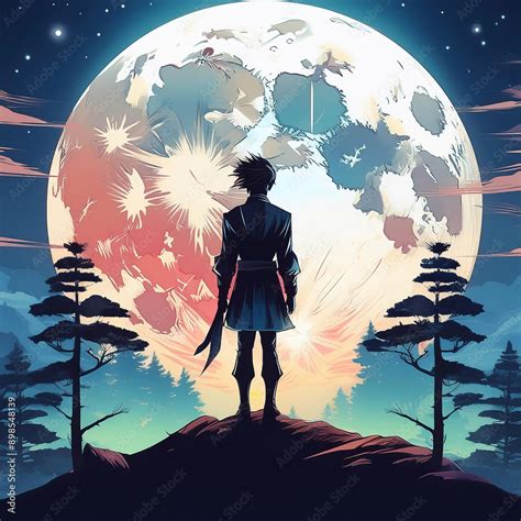 배경에 큰 달이 있는 숲이 내려다보이는 언덕에 서 있는 여장부 실루엣 아니메 Ilustração Do Stock Adobe Stock