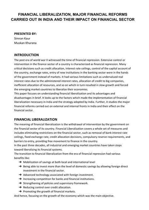 Financial Liberalization Reforms Carried Out In India And Their Impact