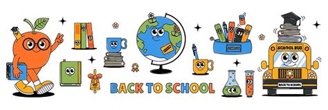 신학기 복고풍 컨템포러리 세트입니다 펑키하고 그루비한 요소와 캐릭터 모음 재밌는 지구 행성 스쿨 버스 사과 책 및 기타 벡터 일러스트 레이 션 신학기에 대한 스톡 벡터 아트