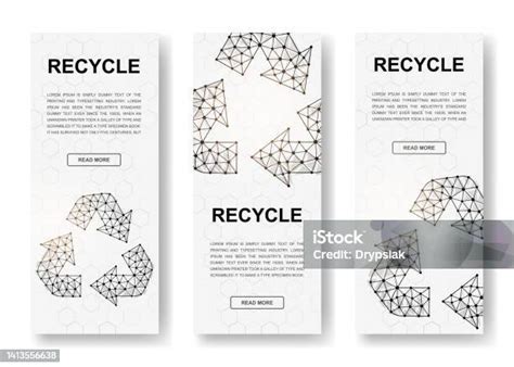 세 개의 재활용 다각형 수직 배너 세트 3d 연결된 점이있는 생태학 낮은 폴리 기호 홈페이지 디자인을 위한 수직 그림 0명에