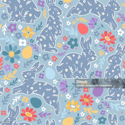 파스텔 블루 배경에 꽃 요소 화려한 꽃 달걀이 있는 장식용 토끼가 특징인 손으로 그린 이음새 없는 부활절 패턴입니다 축제와 경쾌한 디자인 계절에 대한 스톡 벡터 아트 및