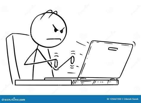 Cartoon Of Angry Man Or Businessman Working Or Typing On Laptop Or
