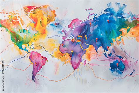Artistic World Map Illustration With Vibrant Watercolor Splatters And