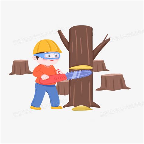 手绘卡通伐木工人砍树场景png图片素材下载 卡通png 熊猫办公