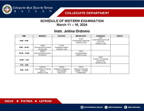Faculty Midterm Examination Schedule March 11 16 2024 Instr Jolina Ordonio Time Monday