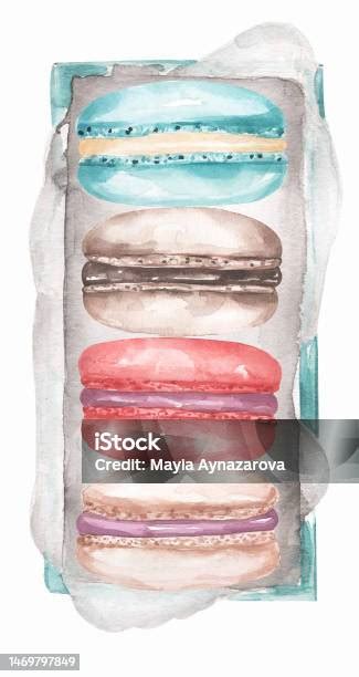 상자에 설정된 마카롱 수채화 음식 일러스트 프랑스 베이커리 아트 프린트 달콤한 클립 아트 주방 수채화에 대한 스톡 벡터 아트 및 기타 이미지 Istock