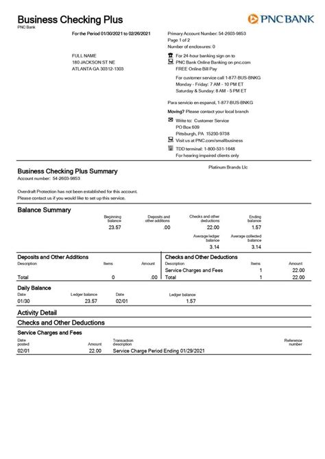 PNC Bank Statement Template Business Checking Plus Statement