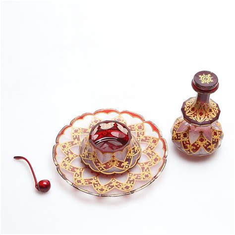 Antique Bohemian Moser Ruby Red Crystal Glass Bottle Set 19th Century