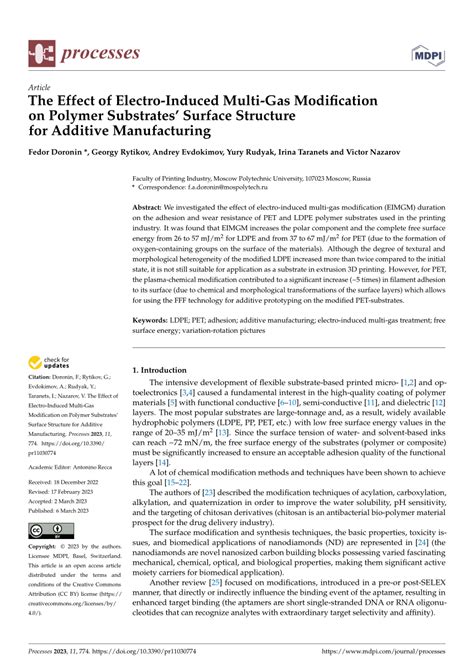 Pdf The Effect Of Electro Induced Multi Gas Modification On Polymer Substrates Surface