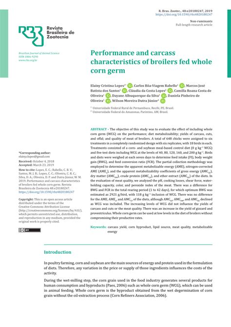 Pdf Performance And Carcass Characteristics Of Broilers Fed Whole Corn Germ
