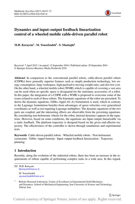 dynamics and input output feedback linearization control of a wheeled mobile cable driven