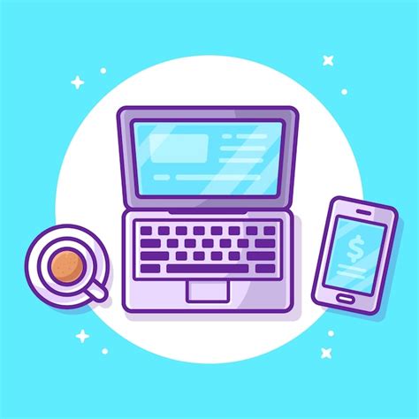 노트북 커피와 전화 일러스트와 함께 책상 프리미엄 벡터