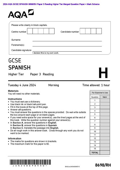 2025 2026 Aqa Gcse Spanish 8698 Rh Paper 3 Reading Higher Tier Merged Question Paper Mark Scheme