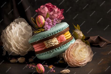 Premium Photo French Dessert Floral And Chocolate Macaron In Pastel
