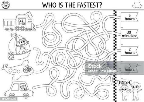 자동차 기차 보트 비행기가 있는 아이들을 위한 교통 흑백 미로 라인 운송 경쟁 유치원 인쇄 가능한 활동 미로 게임 또는 색칠 공부 페이지 누가 가장 빠른가요 아이에 대한