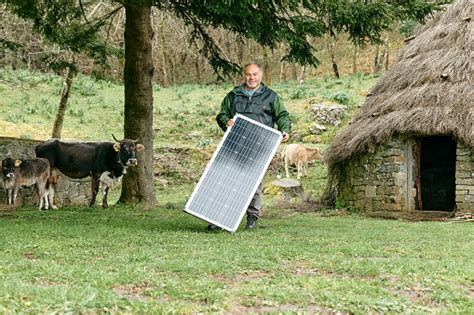 농촌의 농장 오두막과 소들 근처에서 태양 전지판을 들고 있는 중년의 수염 난 남자 대체 에너지 재생 가능 에너지원 및 지속 가능한 에너지 자원 개념 60 64세에 대한 스톡