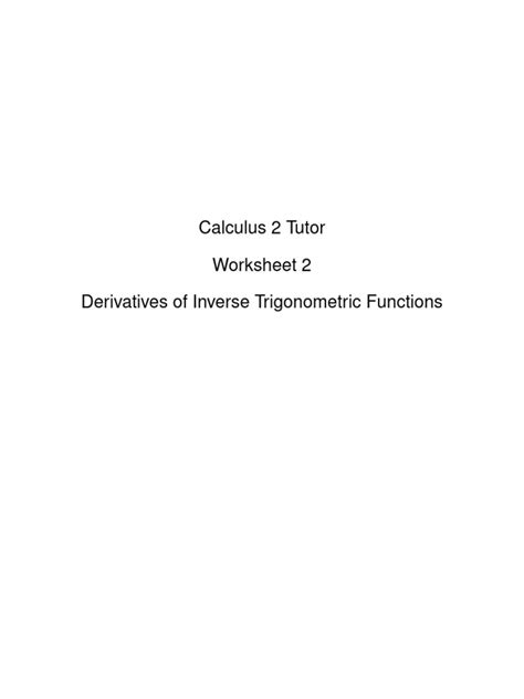 Inverse Trig Function Derivatives Worksheet Pdf Mathematical