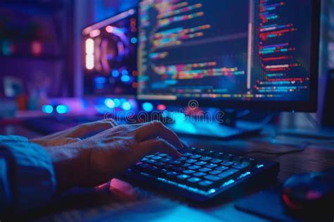 Programmer Is Hands On Keyboard Writing Source Code On Screen Monitor Showing Writing Code