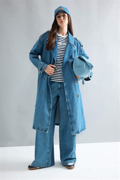 أزرق حريمي جاكيت جينز طويل بحزام 2890989 Defacto