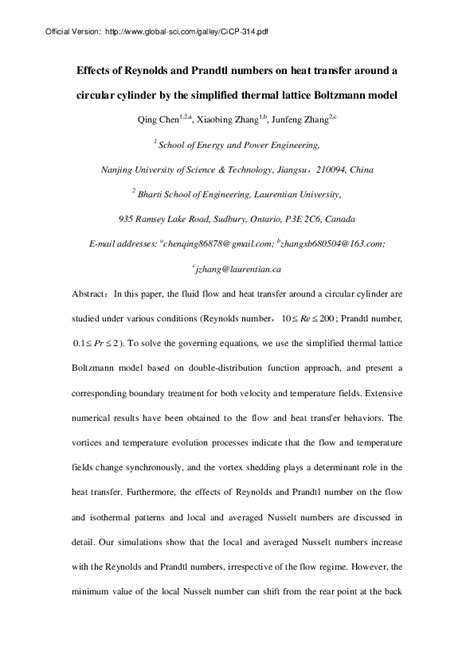 Pdf Effects Of Reynolds And Prandtl Numbers On Heat Transfer Across A Square Cylinder In The