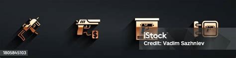 Mp9i 기관단총 권총 구매 군사 탄약 상자 및 긴 그림자가 있는 사냥 상점 무기 아이콘을 설정합니다 벡터 고풍스런에 대한 스톡 벡터 아트 및 기타 이미지 Istock