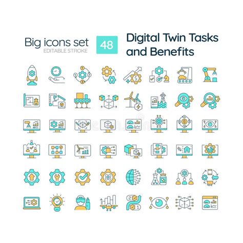 Digital Twin Tasks And Benefits Rgb Color Icons Set Stock Vector Illustration Of Line